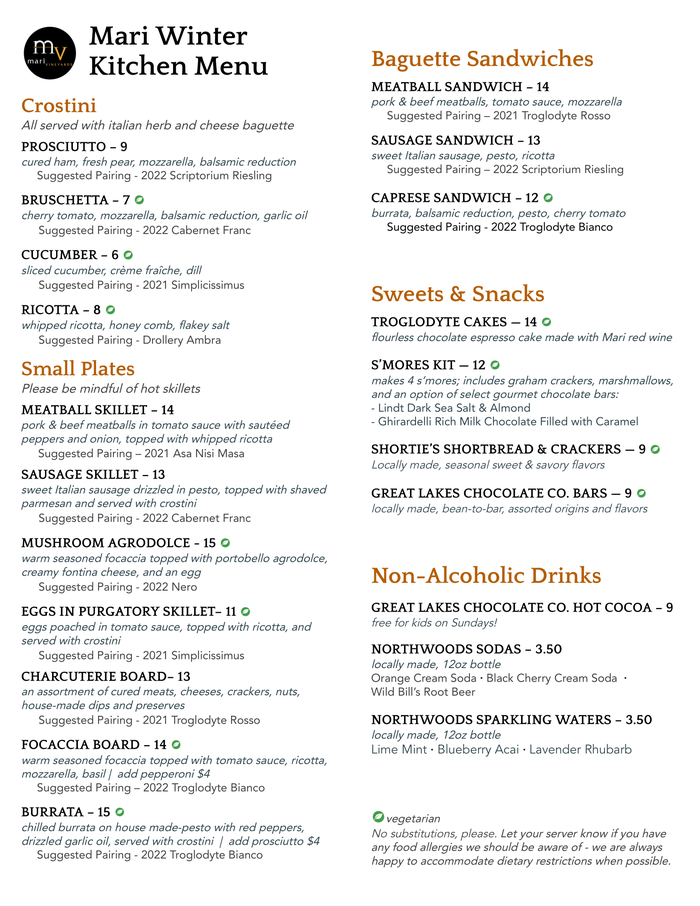 Mari Vineyards - Experience - Wine & Food Menus